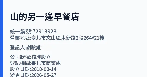 山的另一邊早餐店的照片-統編 72913928(臺北市) 公司登記資料與營業項目詳細圖表