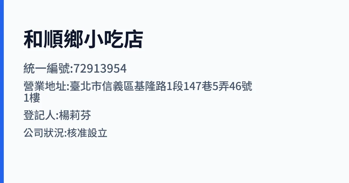 和順鄉小吃店 - 統編 72913954(臺北市) 公司登記資料與營業項目詳細圖表