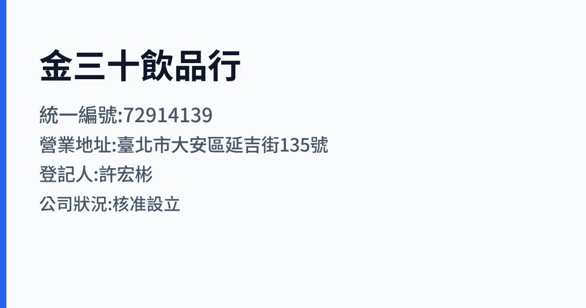 金三十飲品行 - 統編 72914139(臺北市) 公司登記資料與營業項目詳細圖表