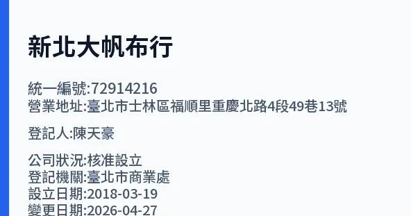 新北大帆布行的照片-統編 72914216(臺北市) 公司登記資料與營業項目詳細圖表