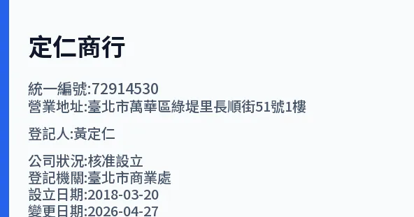 定仁商行的照片-統編 72914530(臺北市) 公司登記資料與營業項目詳細圖表