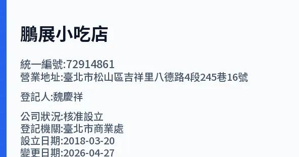 鵬展小吃店的照片-統編 72914861(臺北市) 公司登記資料與營業項目詳細圖表