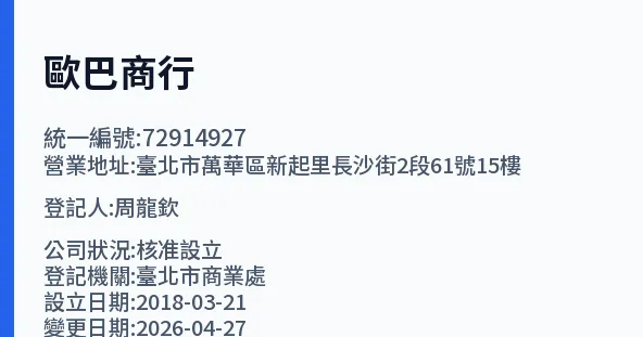 歐巴商行的照片-統編 72914927(臺北市) 公司登記資料與營業項目詳細圖表