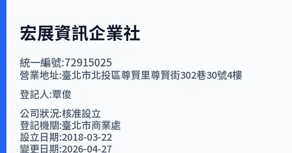 宏展資訊企業社的照片-統編 72915025(臺北市) 公司登記資料與營業項目詳細圖表