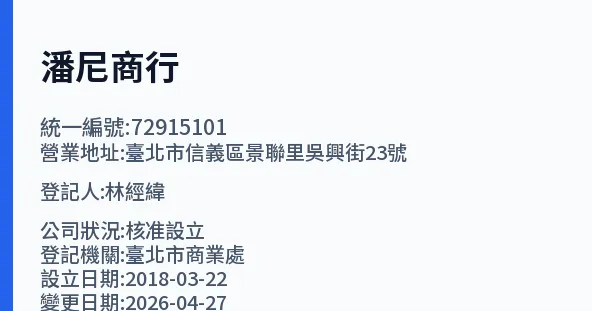潘尼商行的照片-統編 72915101(臺北市) 公司登記資料與營業項目詳細圖表