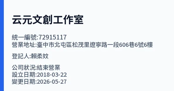 云元文創工作室的照片-統編 72915117(臺中市) 公司登記資料與營業項目詳細圖表