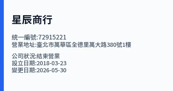 星辰商行的照片-統編 72915221(臺北市) 公司登記資料與營業項目詳細圖表