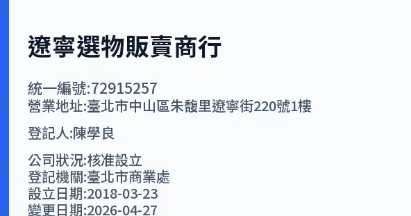 遼寧選物販賣商行的照片-統編 72915257(臺北市) 公司登記資料與營業項目詳細圖表