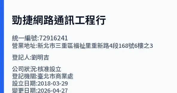 勁捷網路通訊工程行的照片-統編 72916241(新北市) 公司登記資料與營業項目詳細圖表