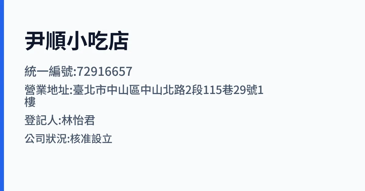 尹順小吃店 - 統編 72916657(臺北市) 公司登記資料與營業項目詳細圖表