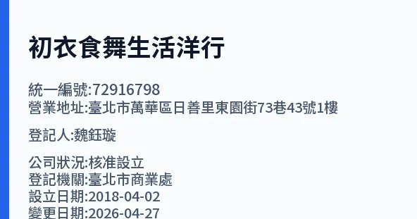 初衣食舞生活洋行的照片-統編 72916798(臺北市) 公司登記資料與營業項目詳細圖表