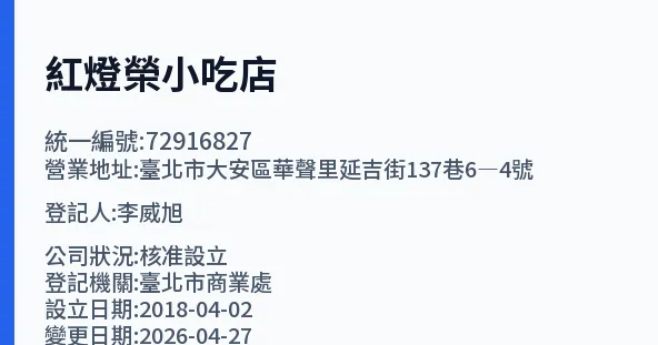 紅燈榮小吃店的照片-統編 72916827(臺北市) 公司登記資料與營業項目詳細圖表