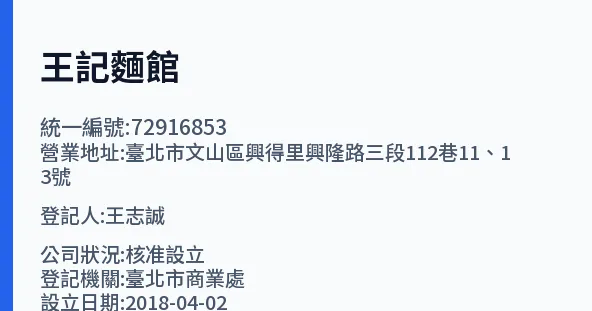 王記麵館的照片-統編 72916853(臺北市) 公司登記資料與營業項目詳細圖表