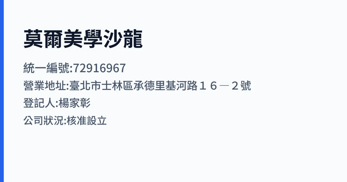 莫爾美學沙龍 - 統編 72916967(臺北市) 公司登記資料與營業項目詳細圖表