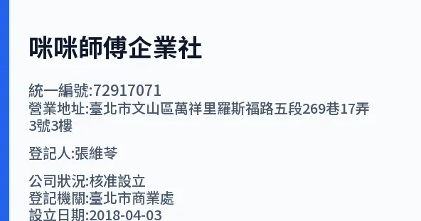 咪咪師傅企業社的照片-統編 72917071(臺北市) 公司登記資料與營業項目詳細圖表