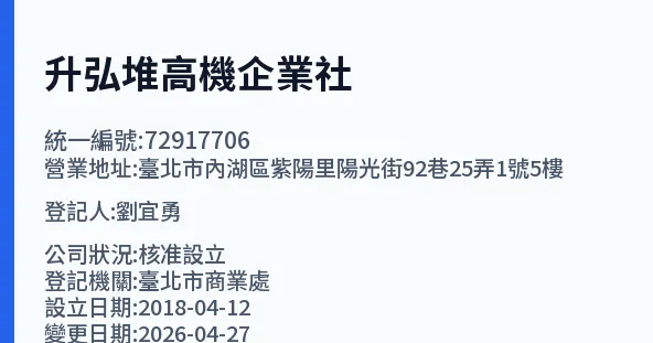 升弘堆高機企業社的照片-統編 72917706(臺北市) 公司登記資料與營業項目詳細圖表