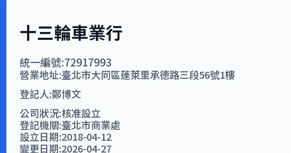 十三輪車業行的照片-統編 72917993(臺北市) 公司登記資料與營業項目詳細圖表