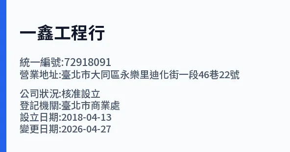 一鑫工程行的照片-統編 72918091(臺北市) 公司登記資料與營業項目詳細圖表