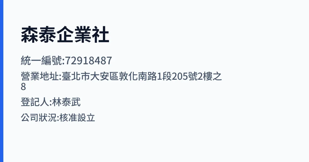 森泰企業社 - 統編 72918487(臺北市) 公司登記資料與營業項目詳細圖表