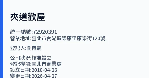 夾道歡屋的照片-統編 72920391(臺北市) 公司登記資料與營業項目詳細圖表