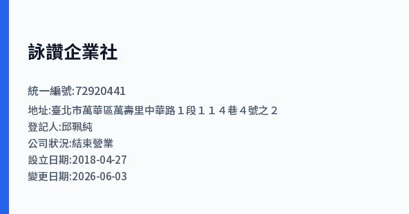 詠讚企業社的照片-統編 72920441(臺北市) 公司登記資料與營業項目詳細圖表