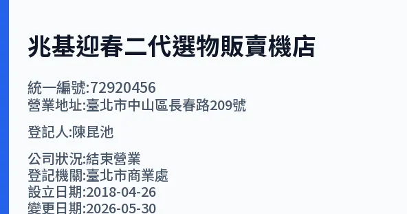 兆基迎春二代選物販賣機店的照片-統編 72920456(臺北市) 公司登記資料與營業項目詳細圖表