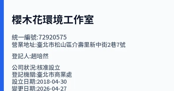 櫻木花環境工作室的照片-統編 72920575(臺北市) 公司登記資料與營業項目詳細圖表