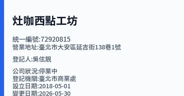 灶咖西點工坊的照片-統編 72920815(臺北市) 公司登記資料與營業項目詳細圖表