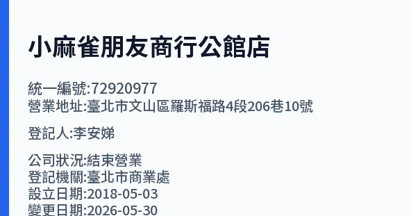 小麻雀朋友商行公館店的照片-統編 72920977(臺北市) 公司登記資料與營業項目詳細圖表