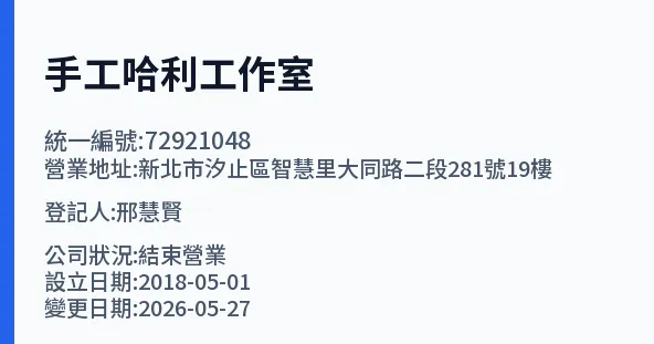 手工哈利工作室的照片-統編 72921048(新北市) 公司登記資料與營業項目詳細圖表