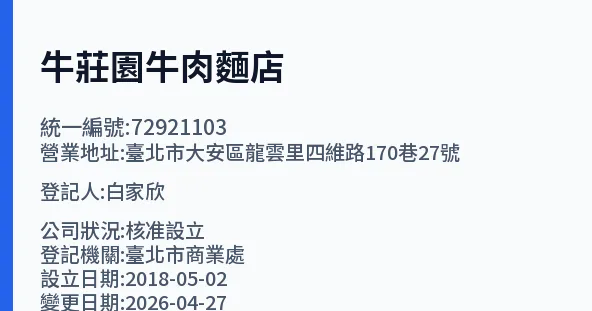 牛莊園牛肉麵店的照片-統編 72921103(臺北市) 公司登記資料與營業項目詳細圖表