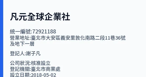 凡元全球企業社的照片-統編 72921188(臺北市) 公司登記資料與營業項目詳細圖表