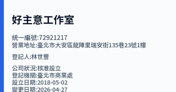 好主意工作室的照片-統編 72921217(臺北市) 公司登記資料與營業項目詳細圖表