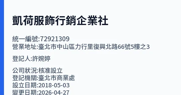 凱荷服飾行銷企業社的照片-統編 72921309(臺北市) 公司登記資料與營業項目詳細圖表