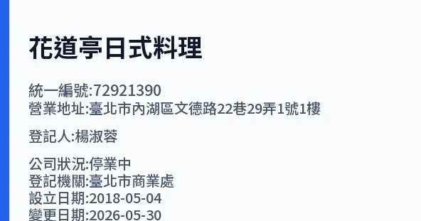 花道亭日式料理的照片-統編 72921390(臺北市) 公司登記資料與營業項目詳細圖表