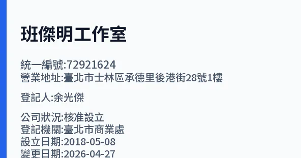 班傑明工作室的照片-統編 72921624(臺北市) 公司登記資料與營業項目詳細圖表