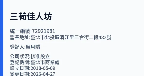 三荷佳人坊的照片-統編 72921981(臺北市) 公司登記資料與營業項目詳細圖表