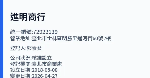 進明商行的照片-統編 72922139(臺北市) 公司登記資料與營業項目詳細圖表