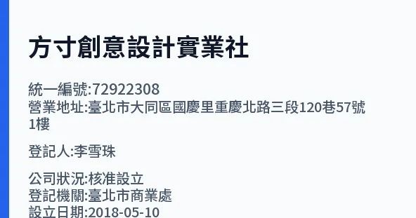 方寸創意設計實業社的照片-統編 72922308(臺北市) 公司登記資料與營業項目詳細圖表