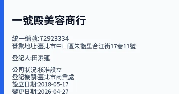 一號殿美容商行的照片-統編 72923334(臺北市) 公司登記資料與營業項目詳細圖表