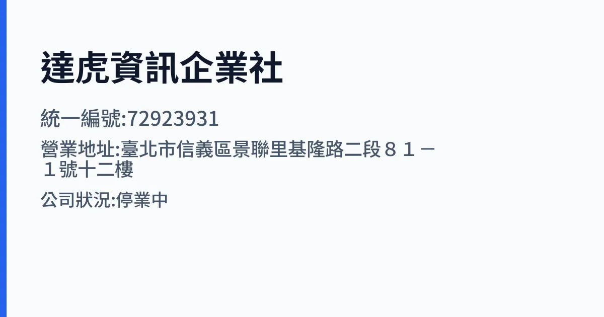 達虎資訊企業社 - 統編 72923931(臺北市) 公司登記資料與營業項目詳細圖表
