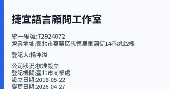 捷宜語言顧問工作室的照片-統編 72924072(臺北市) 公司登記資料與營業項目詳細圖表