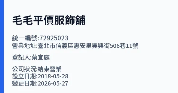 毛毛平價服飾舖的照片-統編 72925023(臺北市) 公司登記資料與營業項目詳細圖表
