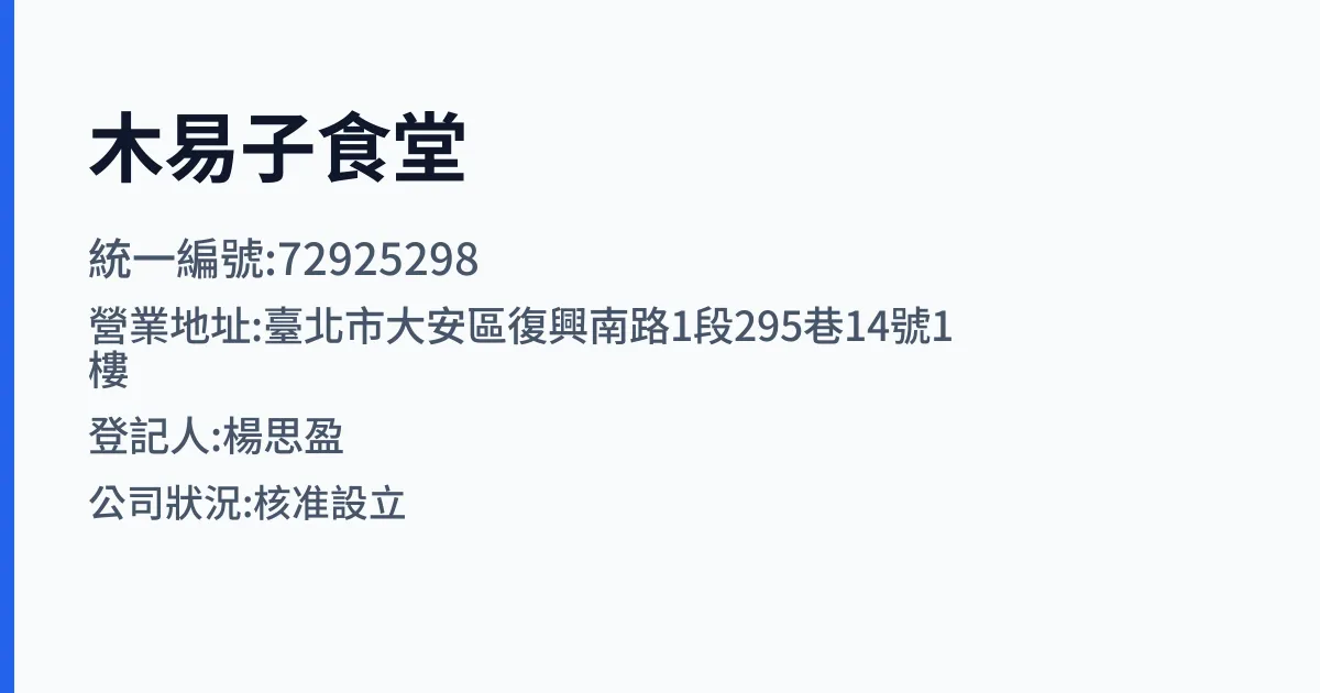 木易子食堂 - 統編 72925298(臺北市) 公司登記資料與營業項目詳細圖表