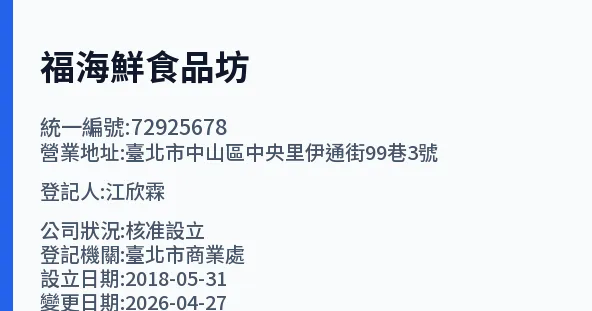 福海鮮食品坊的照片-統編 72925678(臺北市) 公司登記資料與營業項目詳細圖表