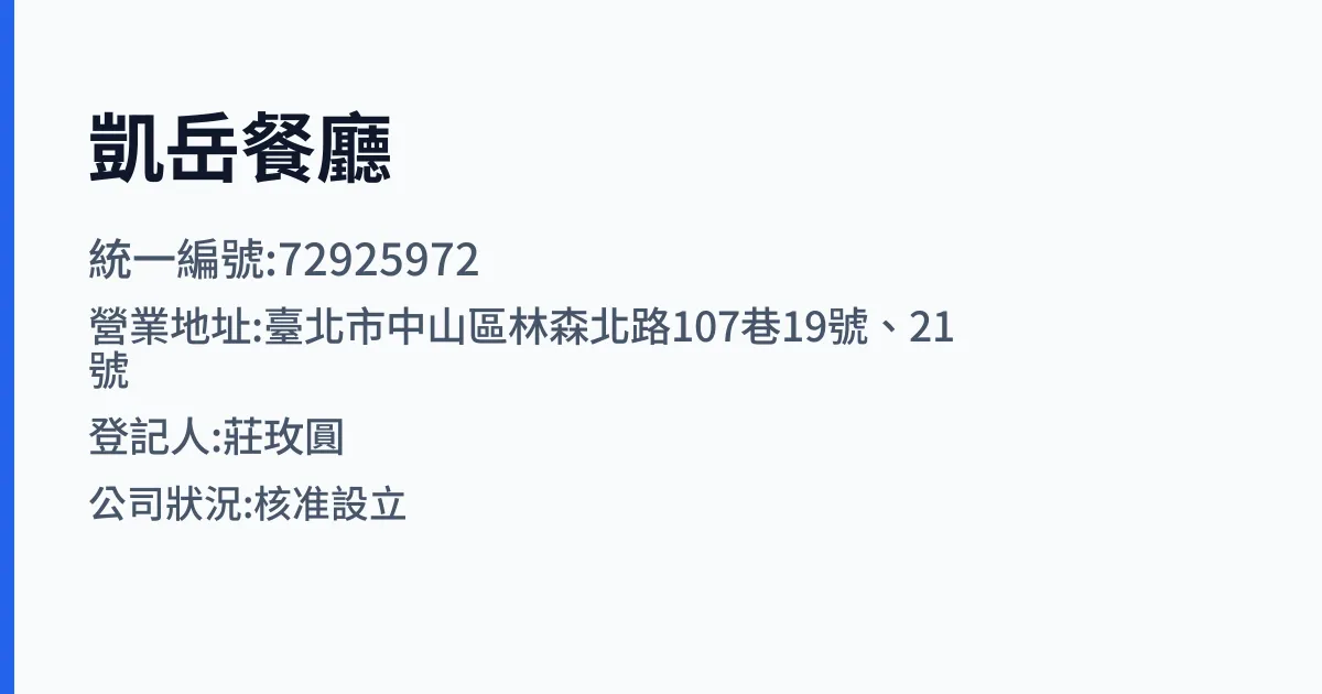 凱岳餐廳 - 統編 72925972(臺北市) 公司登記資料與營業項目詳細圖表