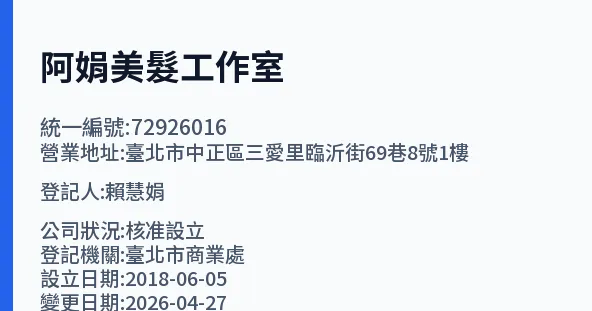 阿娟美髮工作室的照片-統編 72926016(臺北市) 公司登記資料與營業項目詳細圖表