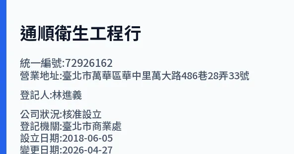 通順衛生工程行的照片-統編 72926162(臺北市) 公司登記資料與營業項目詳細圖表