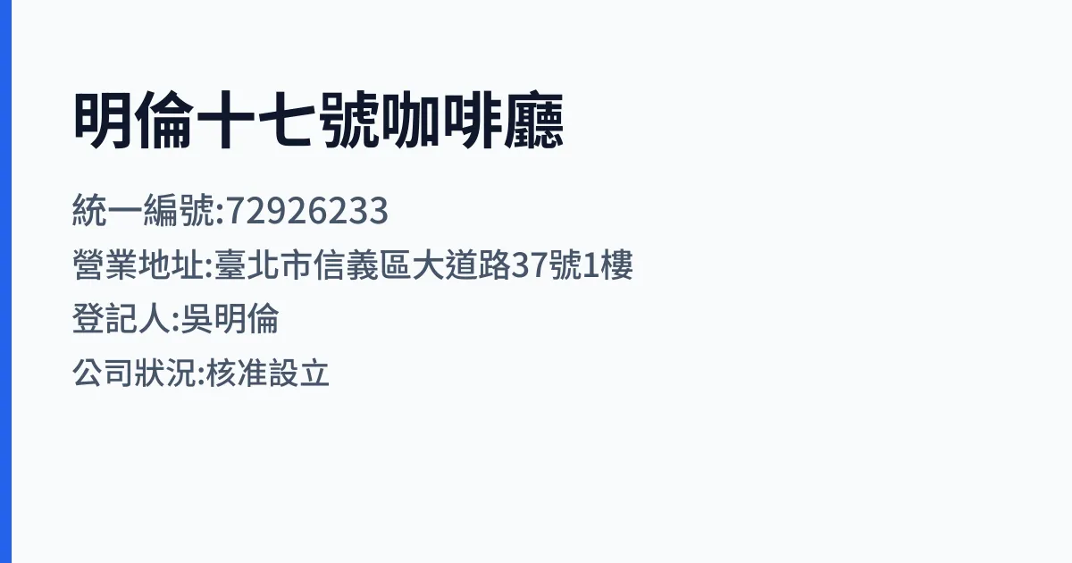 明倫十七號咖啡廳 - 統編 72926233(臺北市) 公司登記資料與營業項目詳細圖表