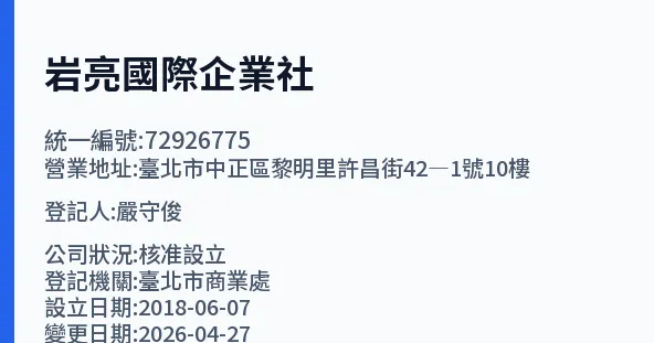 岩亮國際企業社的照片-統編 72926775(臺北市) 公司登記資料與營業項目詳細圖表